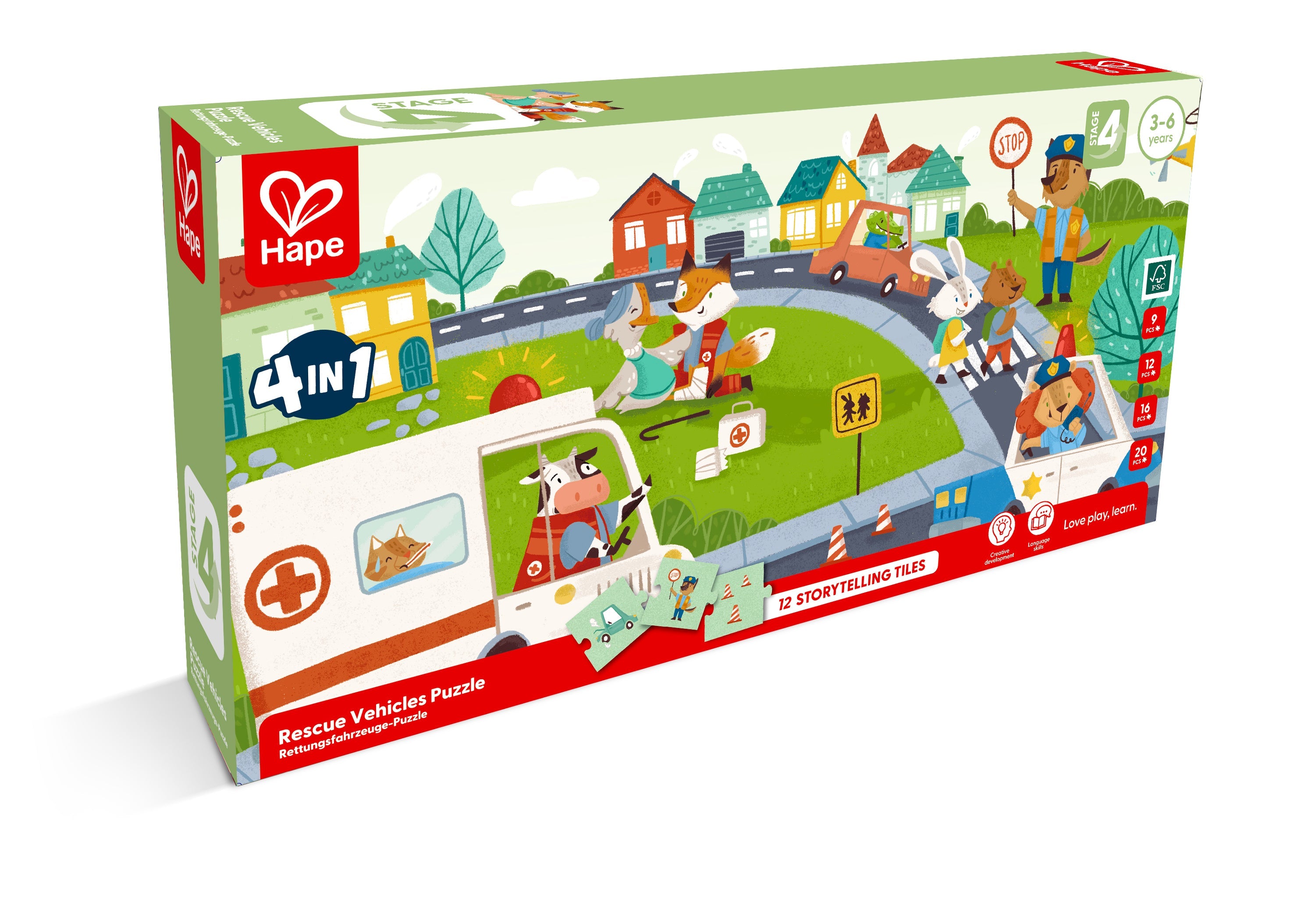 Hape 4 in 1 Puzzle & Storytelling - Rescue Vehicle