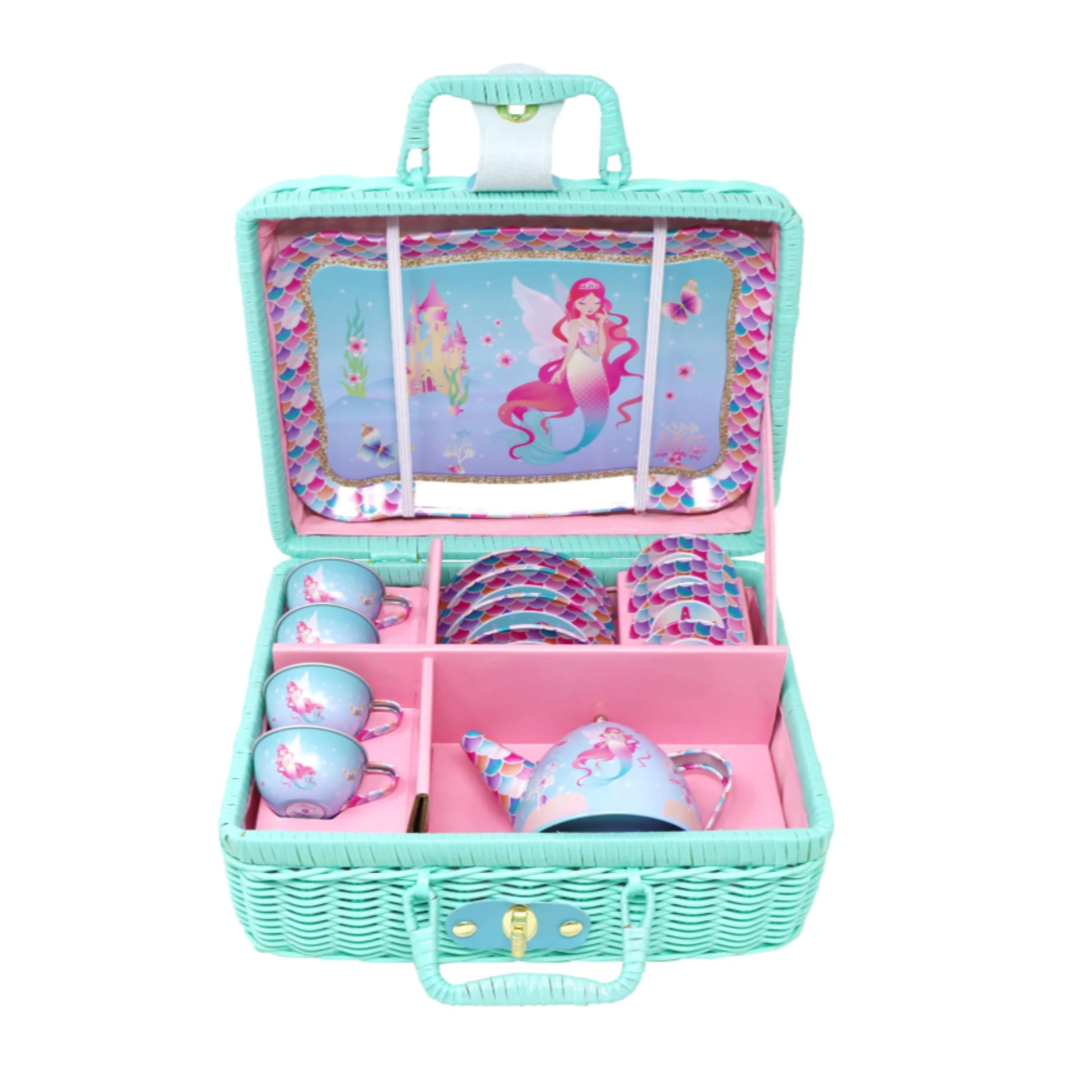 Pink Poppy Shimmering Mermaid Tea Set in Basket